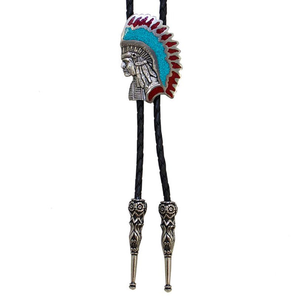 Turquoise & Coral Indian Chief Bolo Tie BT-267 | Buffalo Trader Online