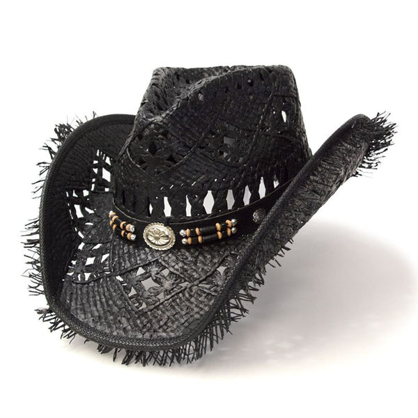 Black Straw Frayed Pinch Front Western Hat LIN-83 | Buffalo Trader Online